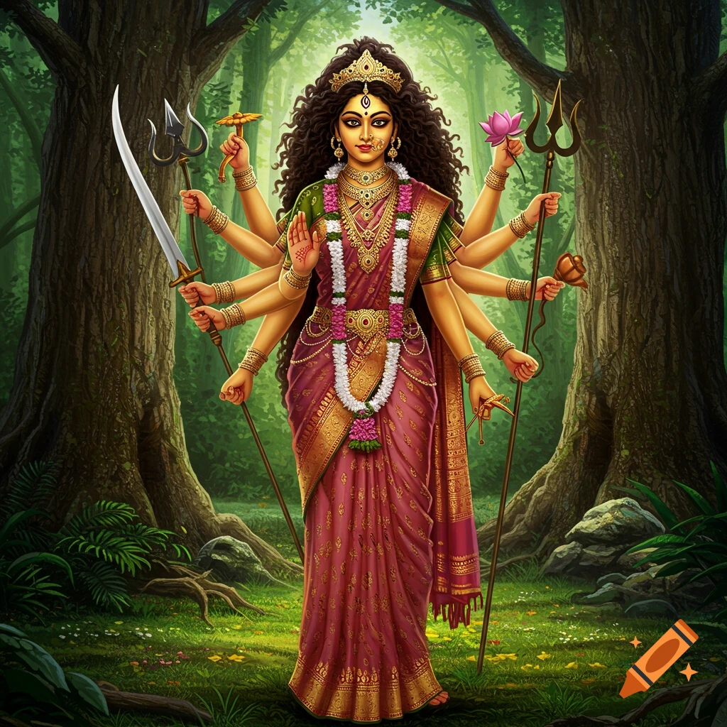 Goddess Durga with multiple arms holding weapons and a lotus stands in ...