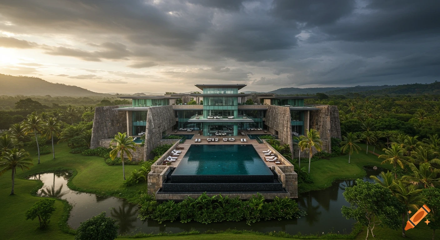 Aerial view of a modern palace with large pool in a tropical landscape ...