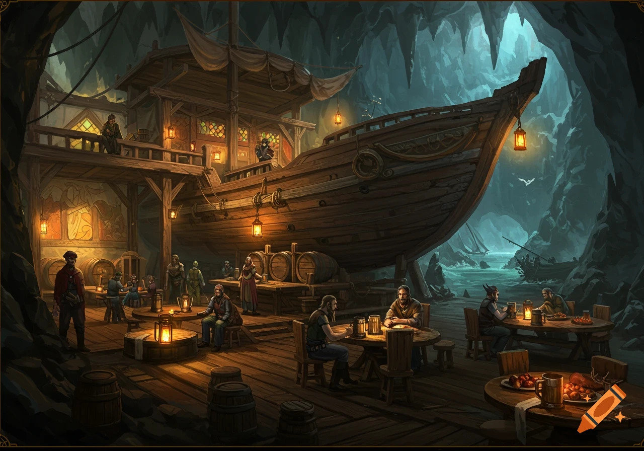 A fantasy tavern built from a ship inside a glowing cave, with people ...