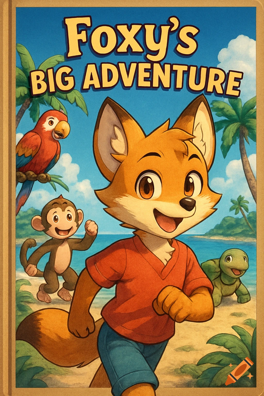 Cartoon book cover: Foxy the fox runs on a tropical beach with animal ...