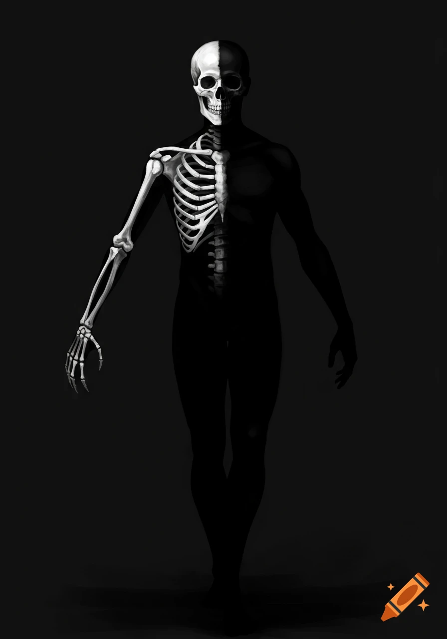 A black and white image of a figure, half flesh and half skeleton ...
