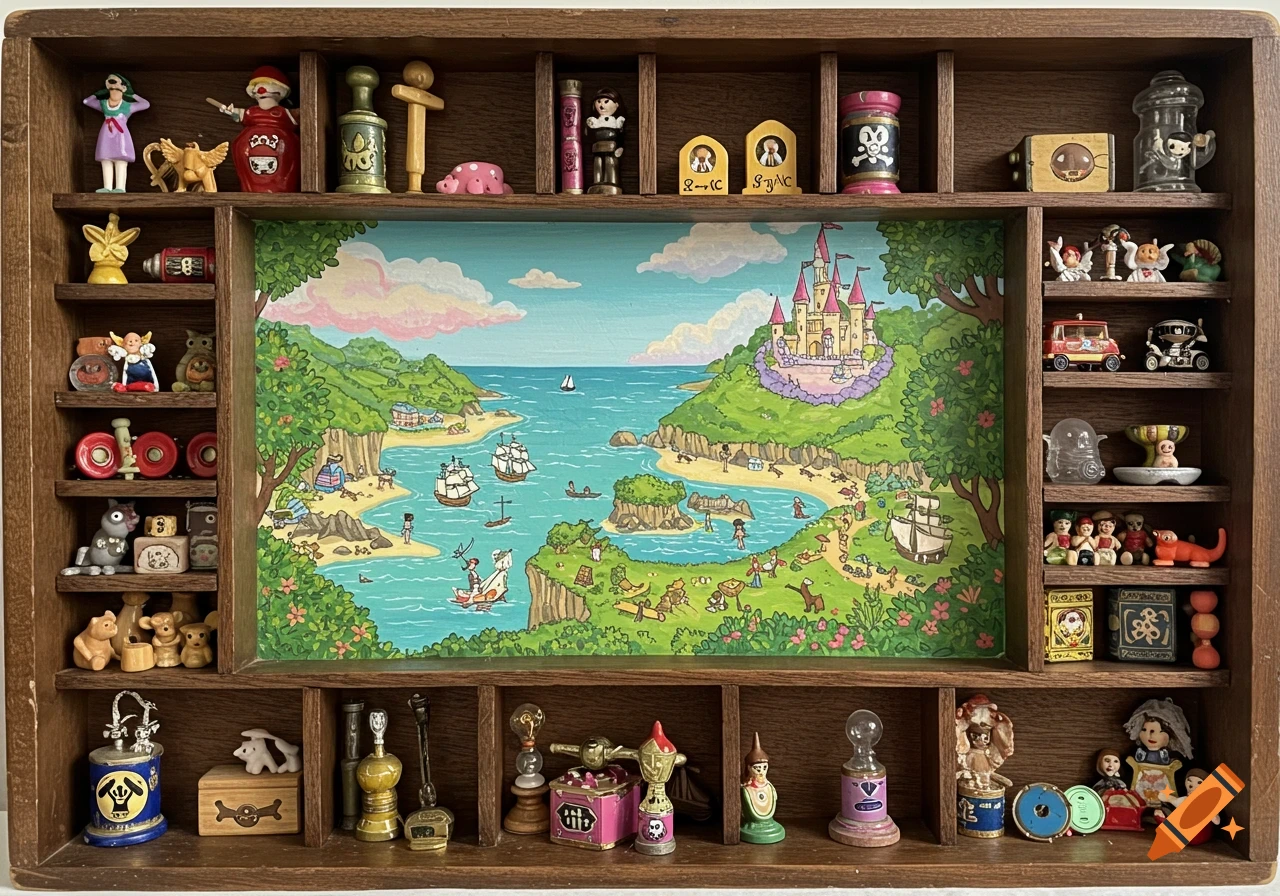 A wooden shadow box filled with various small toys and collectibles ...