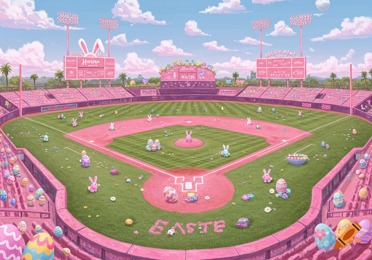 A pink baseball field decorated for Easter with rabbits, eggs, and ...