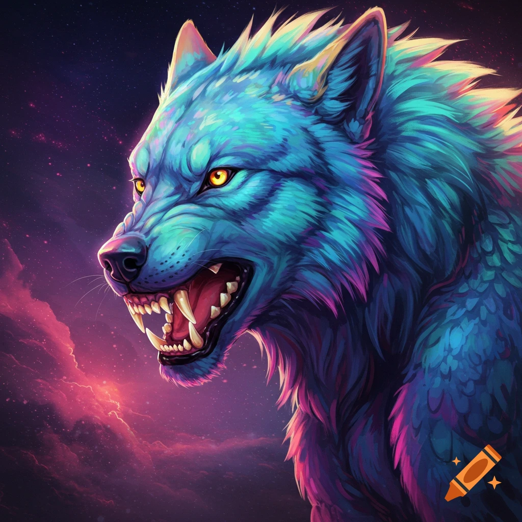 Close-up of a snarling blue and purple wolf-like creature with sharp teeth against a cosmic ...