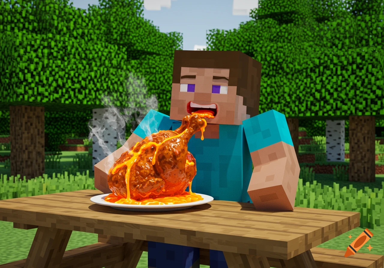 Minecraft Steve sitting at a picnic table eating a lava-covered chicken ...