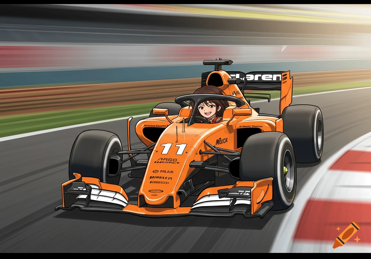 A cartoon anime girl drives an orange Formula 1 racing car on a track ...
