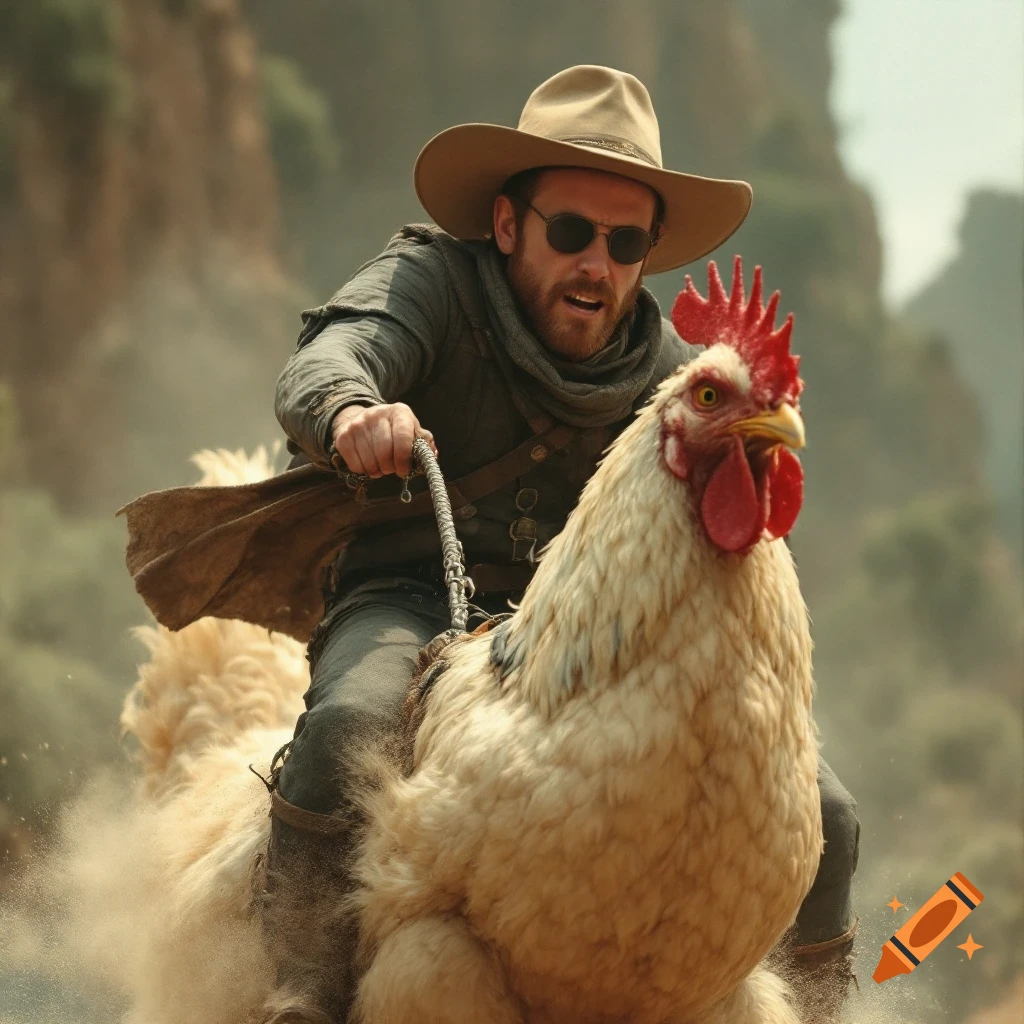 A person in a cowboy hat and sunglasses rides a giant white chicken ...