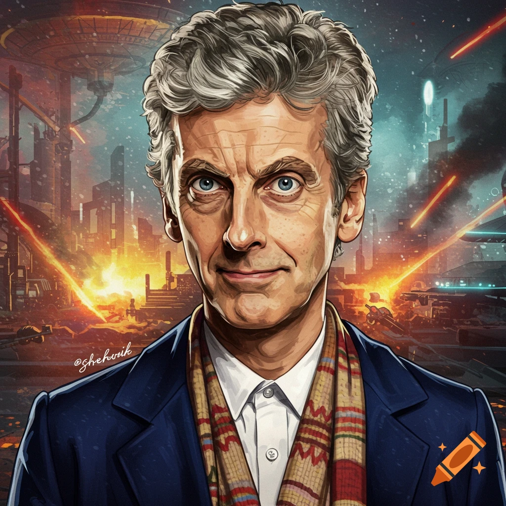 Stylized portrait of the 12th Doctor from Doctor Who with a sci-fi city ...