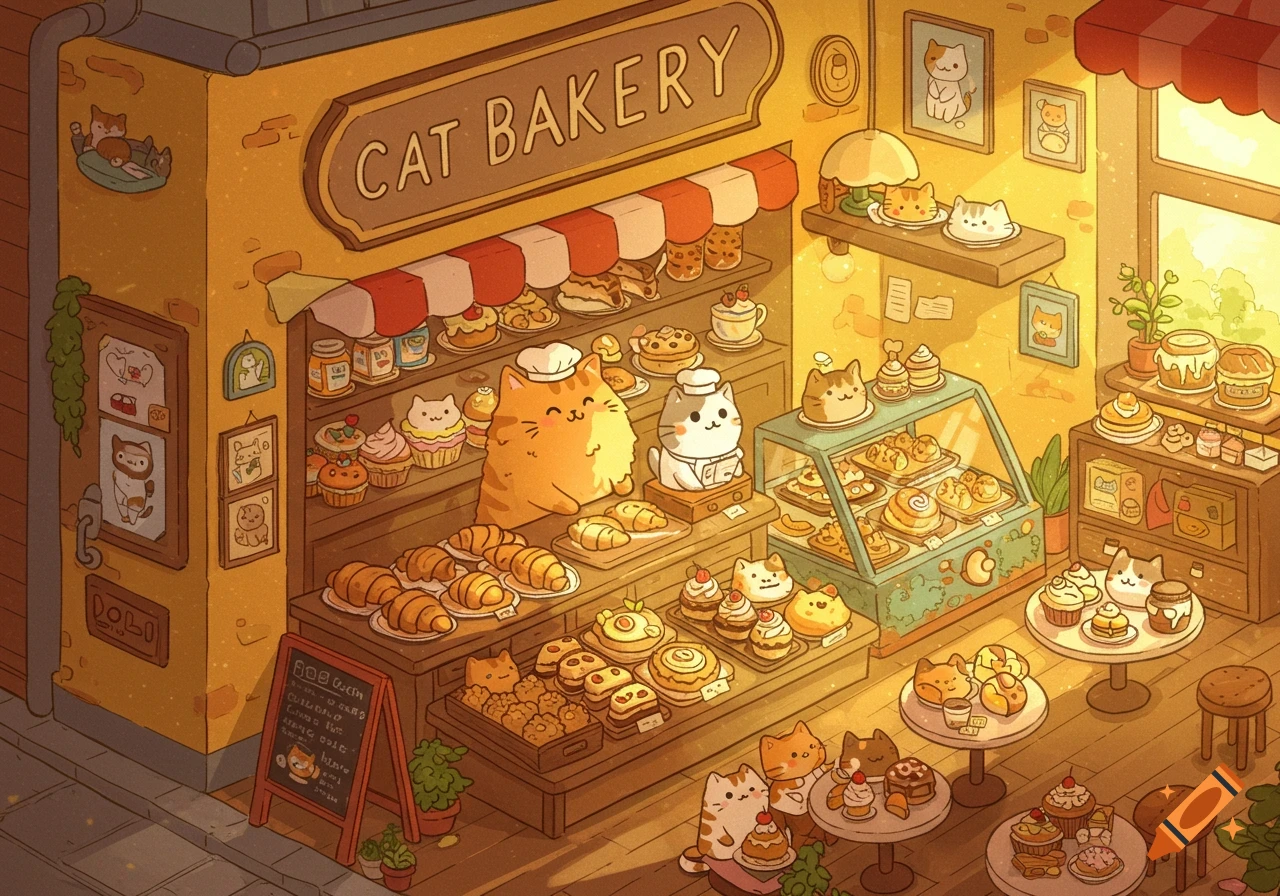 Cartoon cat bakery scene with various cat customers and bakers selling ...