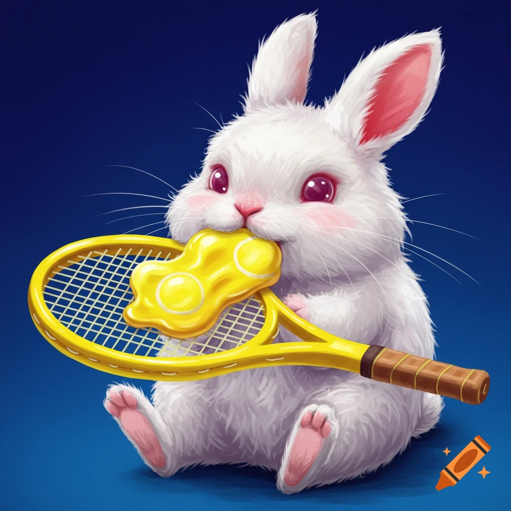 Cute illustrated white rabbit holding a yellow tennis racket with ...