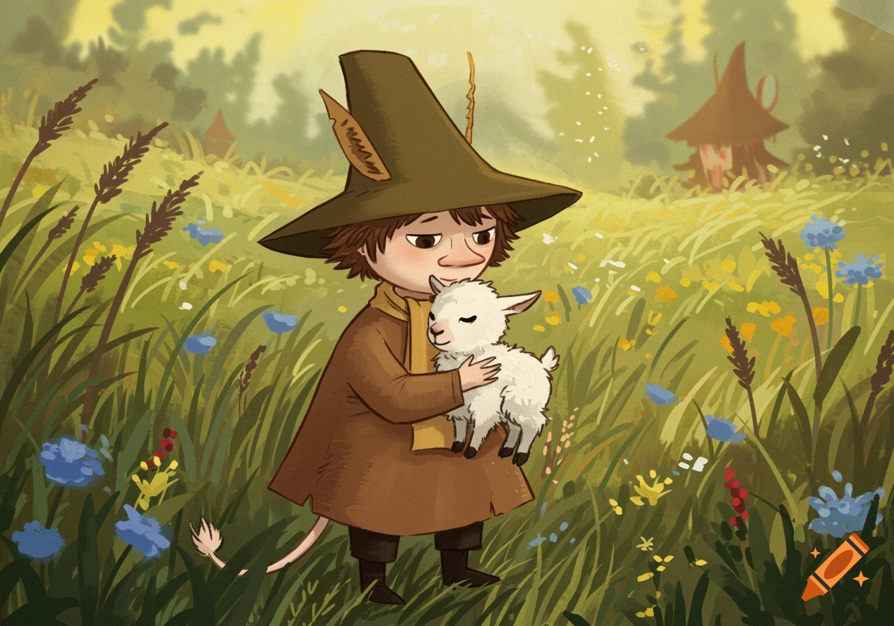 Snufkin holding a baby goat in a field of flowers, illustration style ...