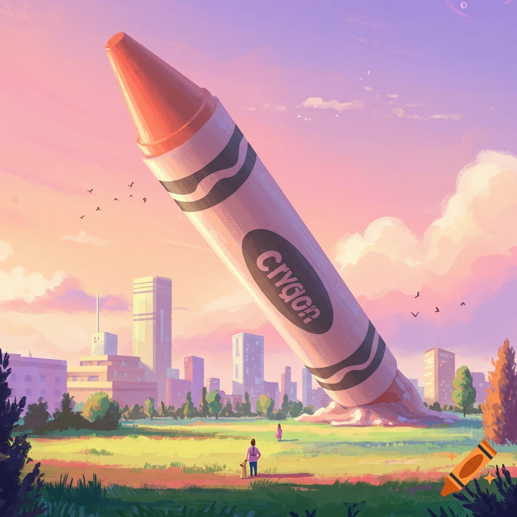 A giant crayon towers over a city park with tiny people below under a ...