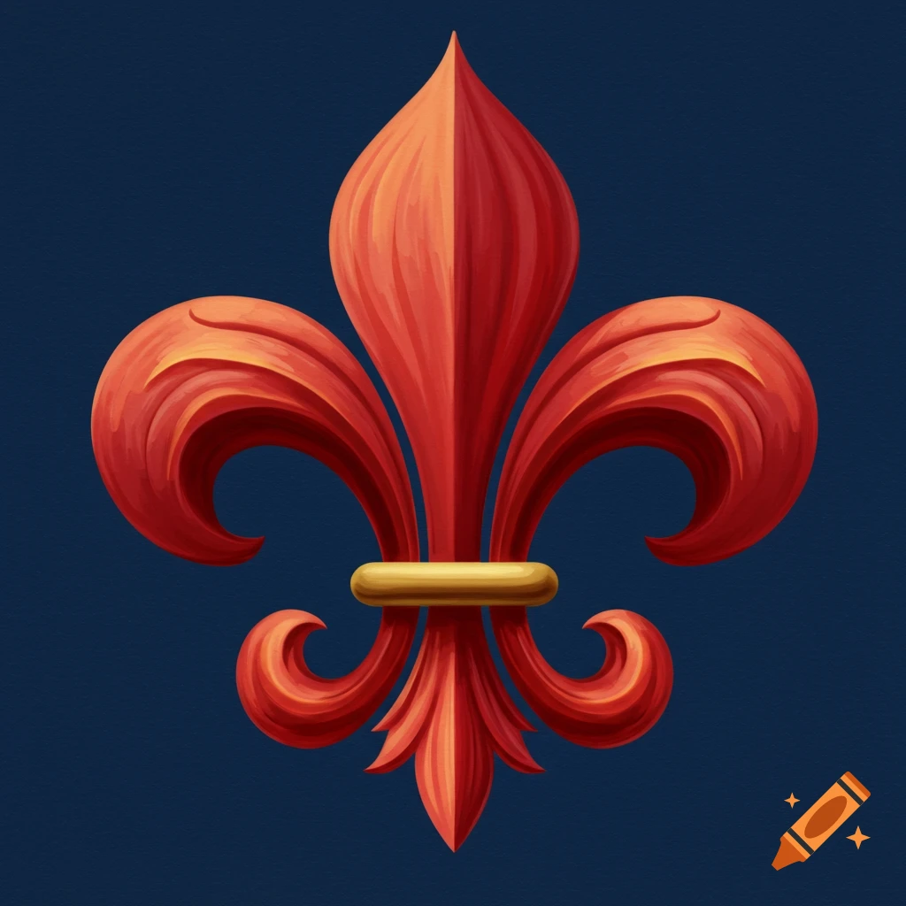 A red fleur-de-lis with a gold band on a dark blue background. on Craiyon