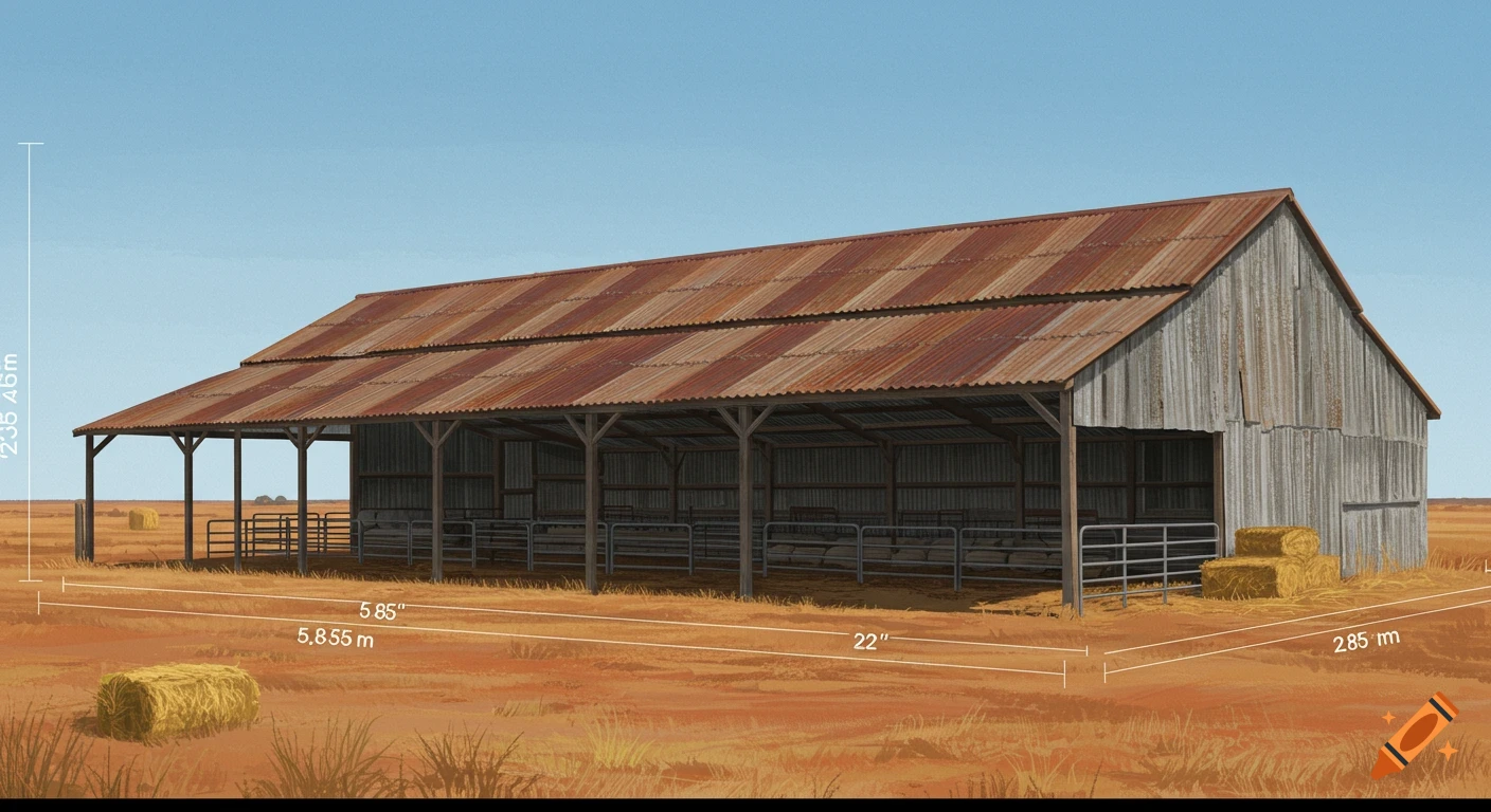 Digital illustration of a large, open-sided farm shed with a rusted ...