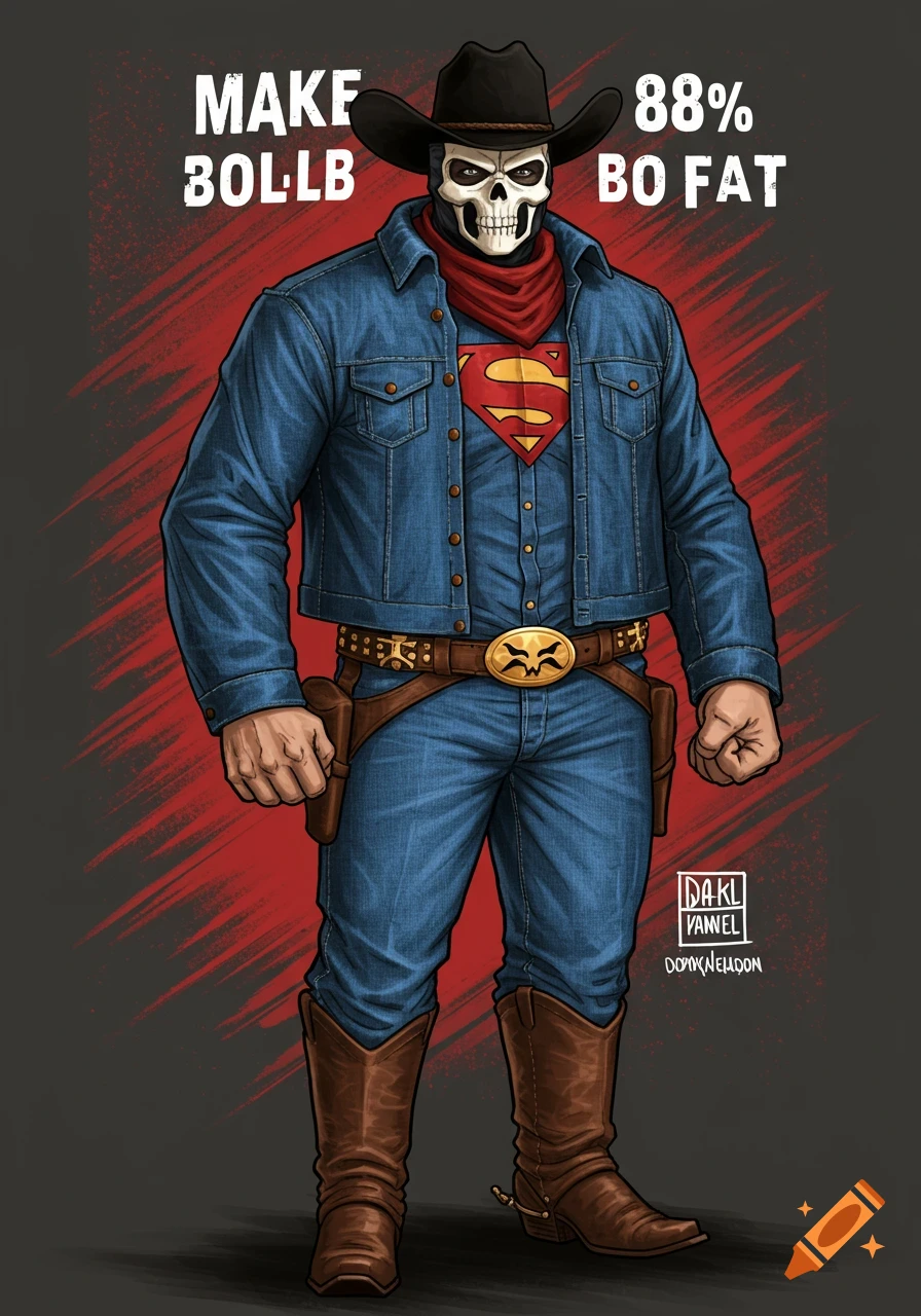 Cowboy superhero with skull mask and Superman symbol wears denim outfit ...