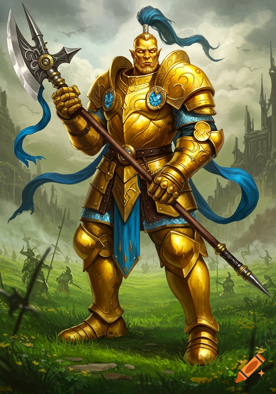 Golden armored fantasy warrior holding a large halberd on a battlefield ...