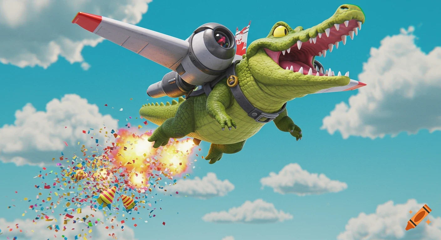 Cartoon crocodile flying with jet wings, shooting confetti on Craiyon