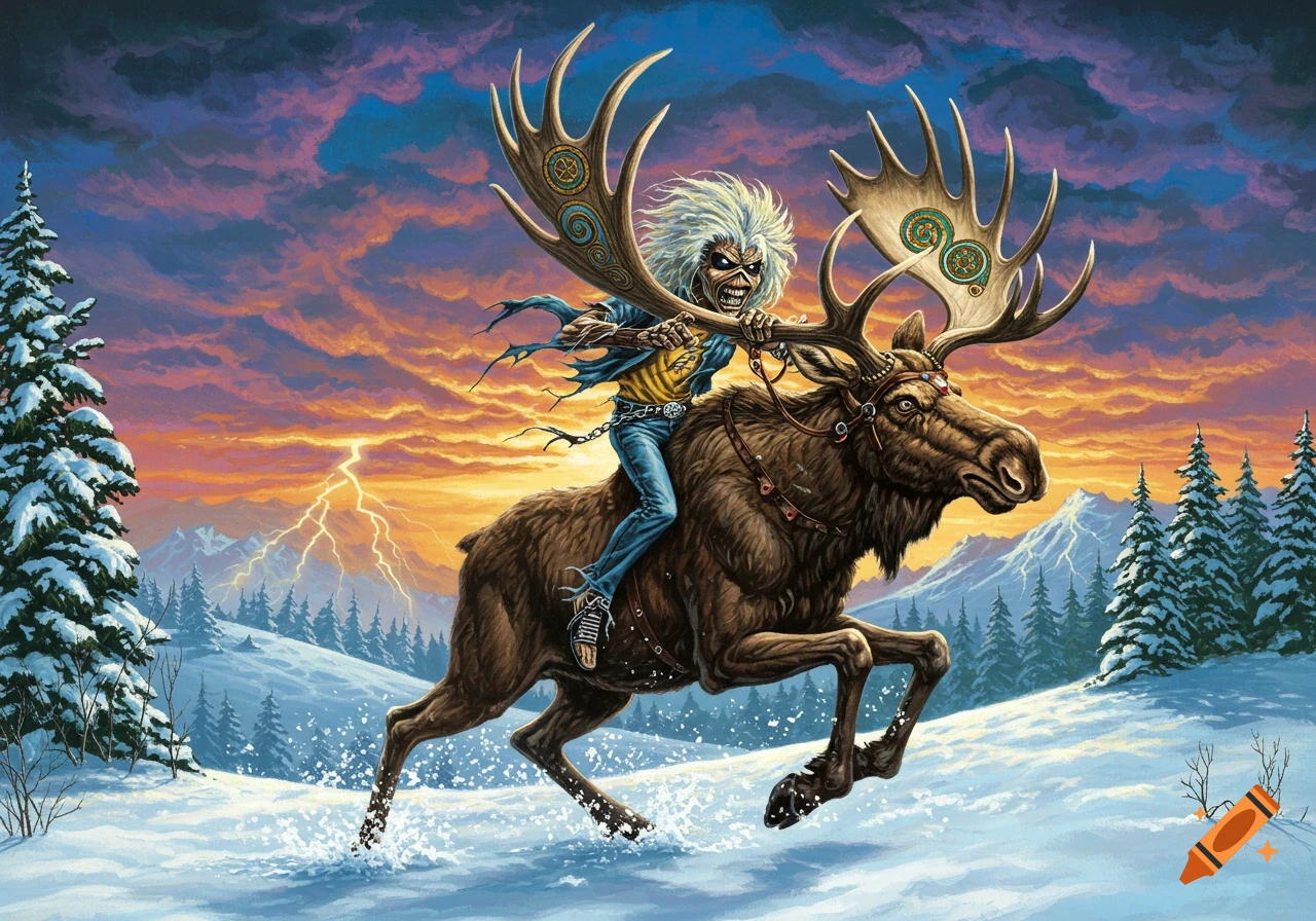 Illustration of Iron Maiden's Eddie riding a moose through a snowy ...