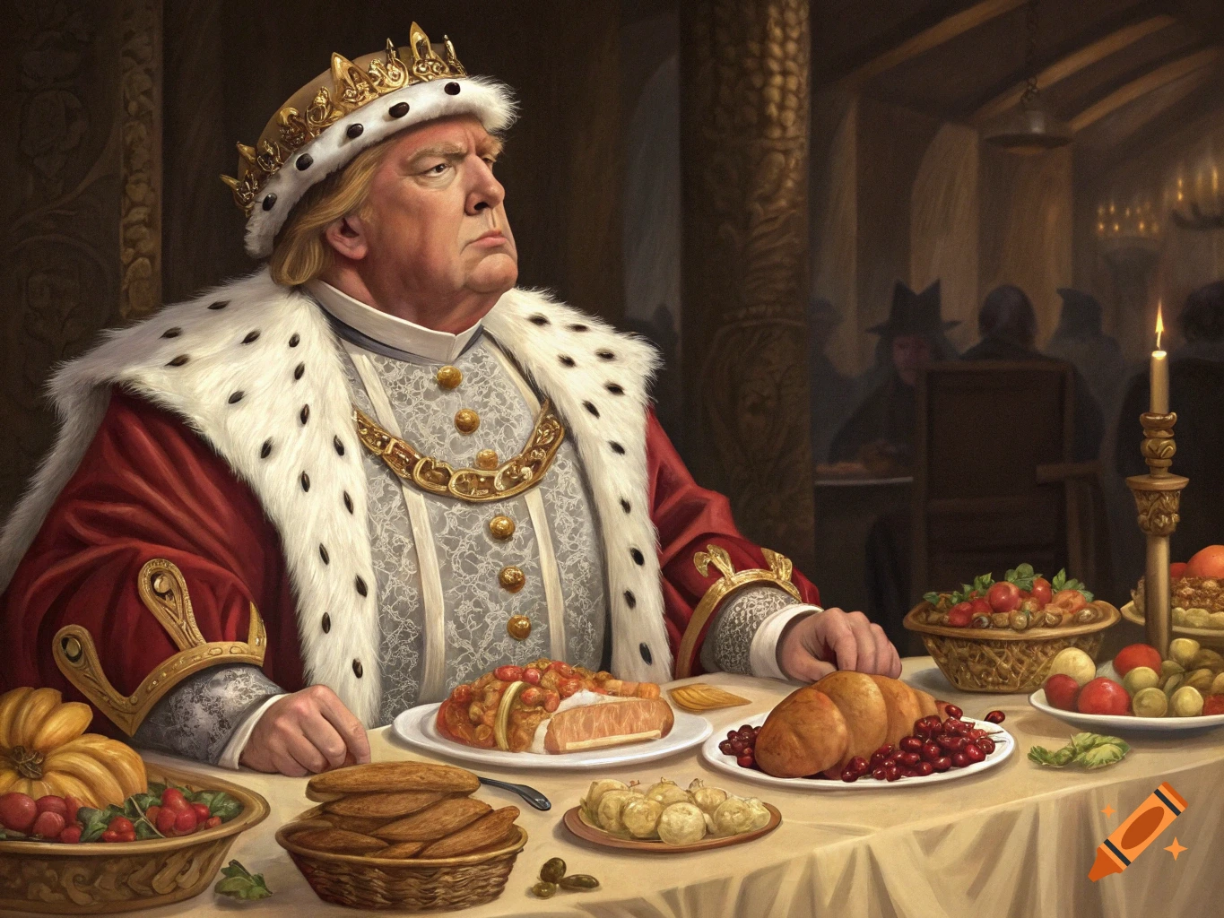 Painting of Donald Trump dressed as Henry VIII eating at a table laden ...