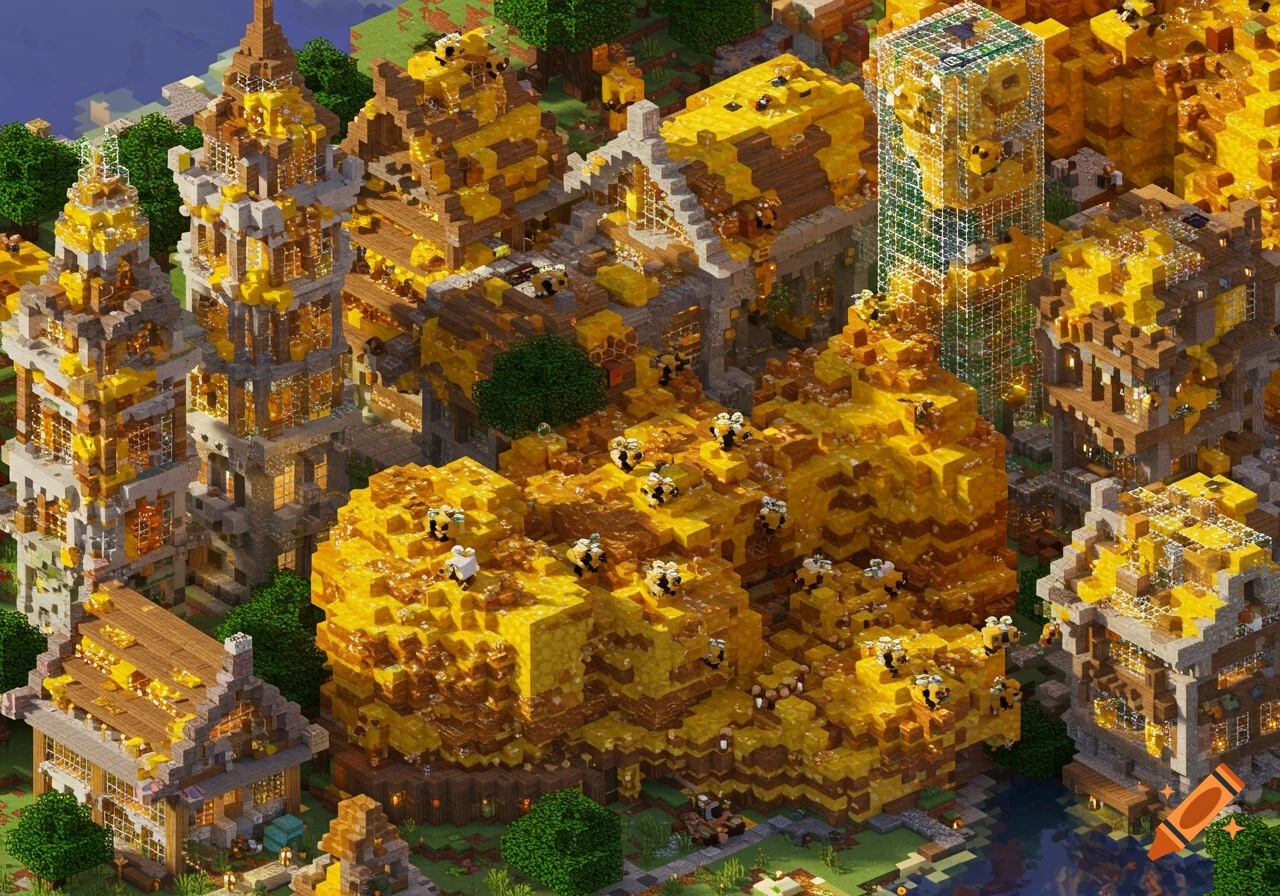 Isometric view of Minecraft buildings overgrown with yellow honeycombs ...