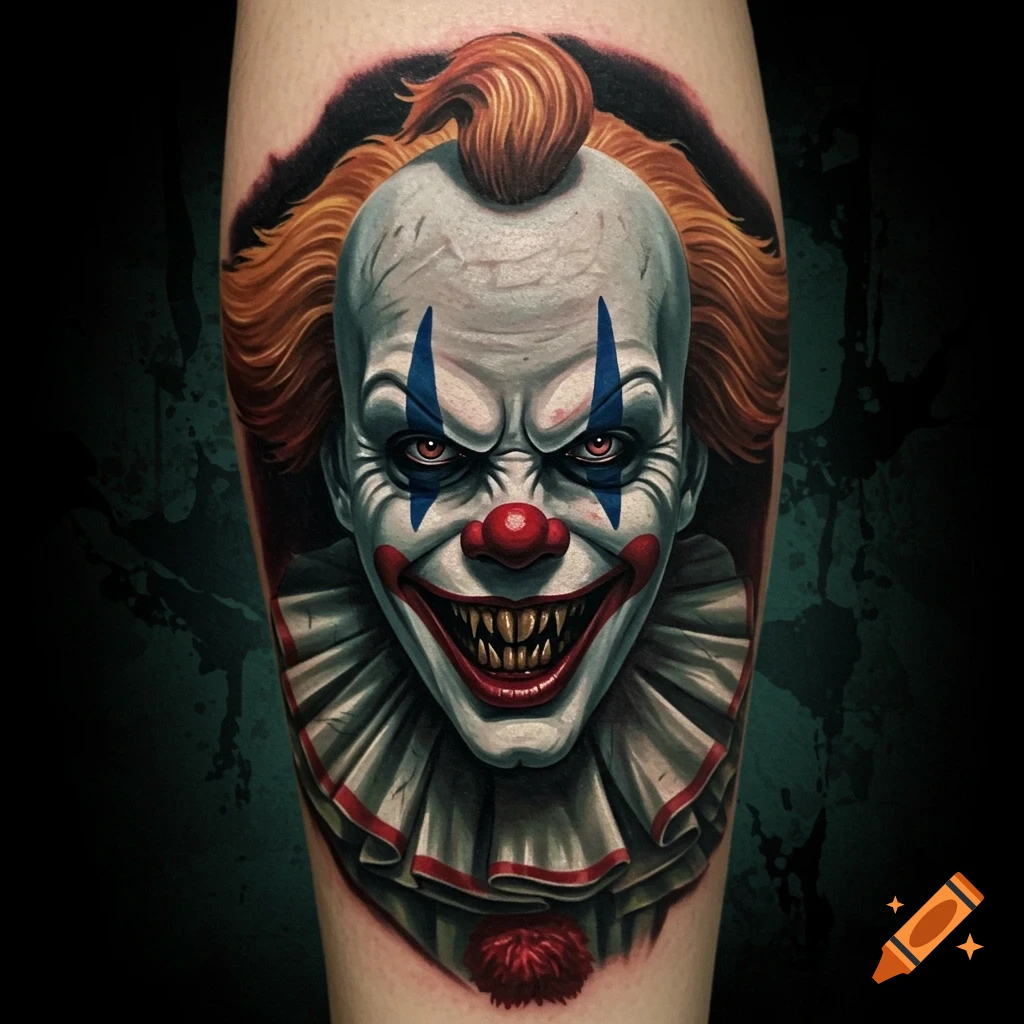 Realistic horror tattoo of a scary clown face with sharp teeth and red ...