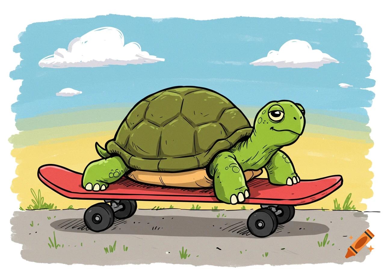 A cartoon turtle rides a red skateboard on a sunny day. on Craiyon