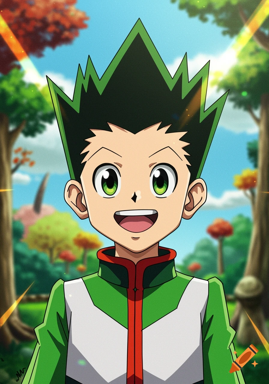 Anime style portrait of Gon Freecss from Hunter x Hunter standing in a ...