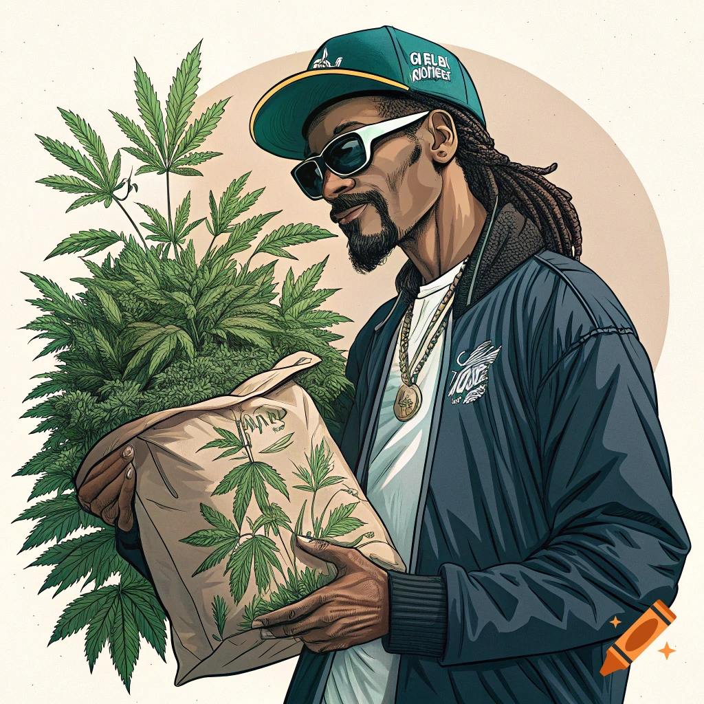 Stylized illustration of Snoop Dogg holding a bag of cannabis next to a ...