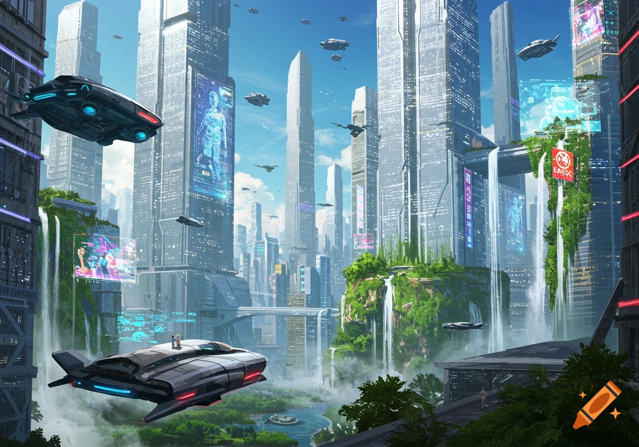 A futuristic cityscape with tall buildings, waterfalls, and flying ...