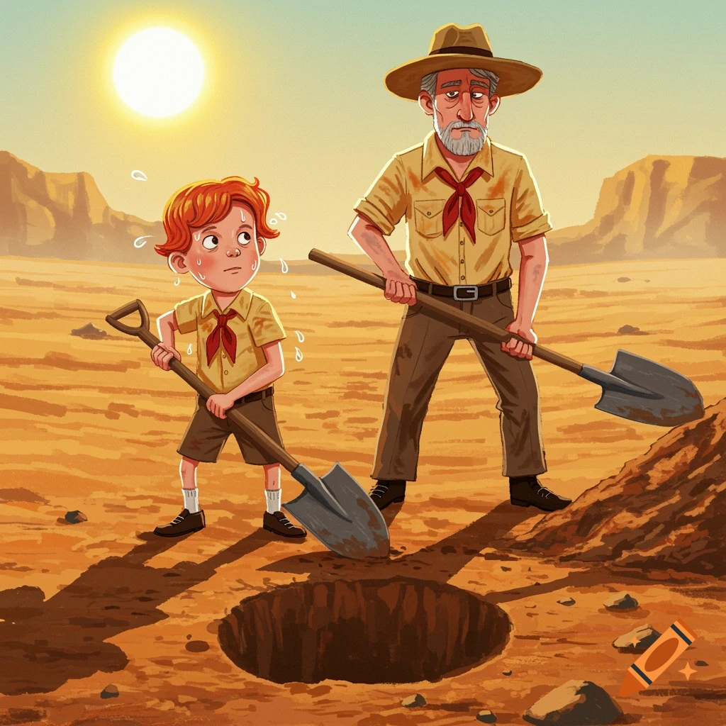 Cartoon illustration of a sweating boy and older man digging holes in a ...