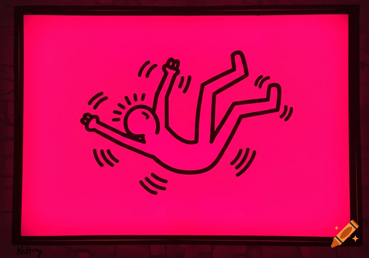 Keith Haring style illustration of a person falling on a pink ...