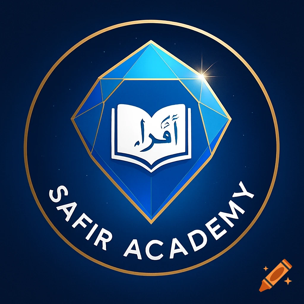 Logo with a blue faceted crystal inside a gold ring on a dark blue ...