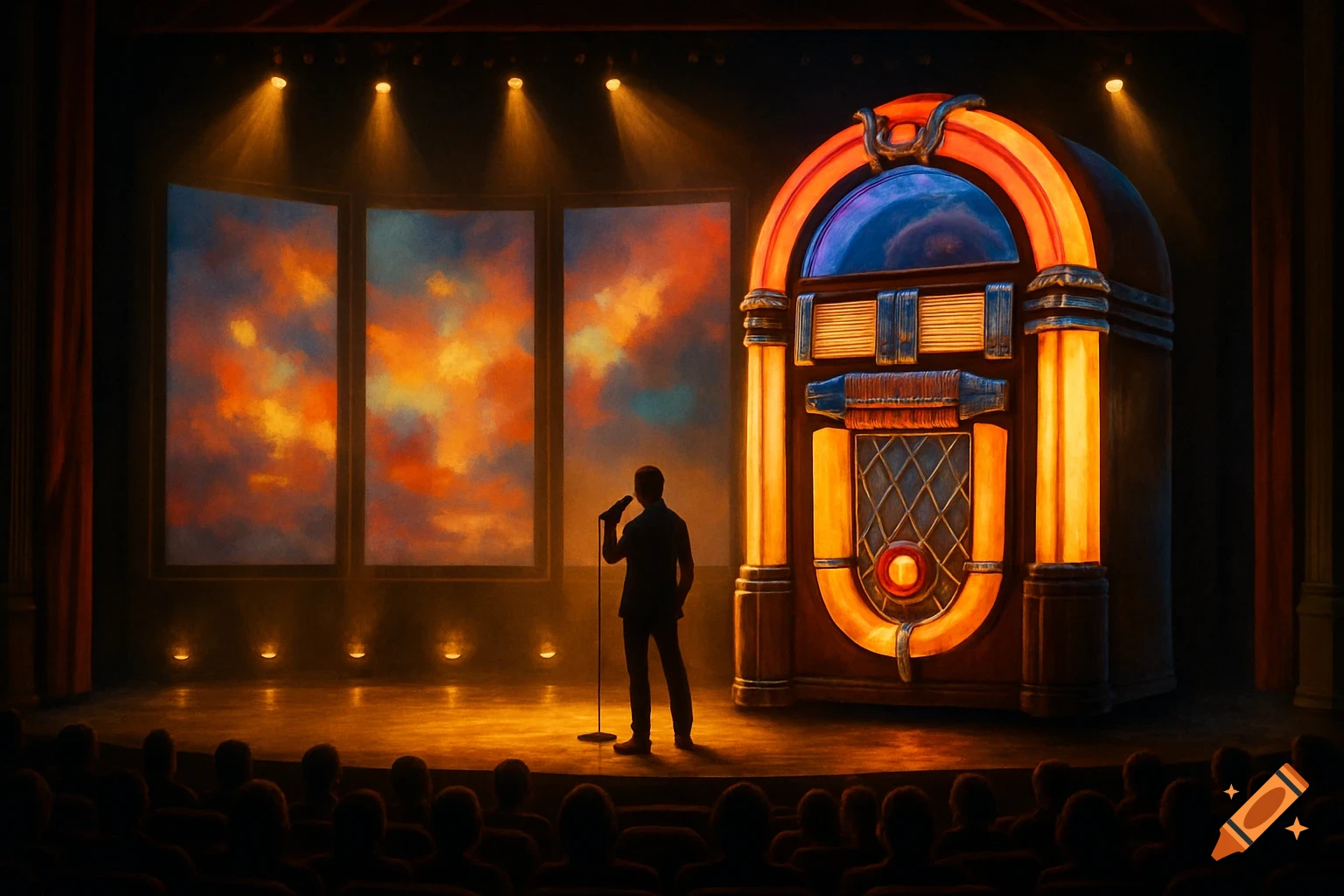 A silhouetted person with a microphone stands on a stage next to a ...