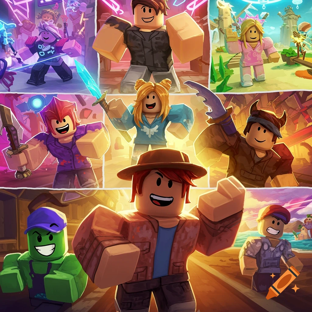 Collage of stylized blocky characters in the Roblox style, featuring ...
