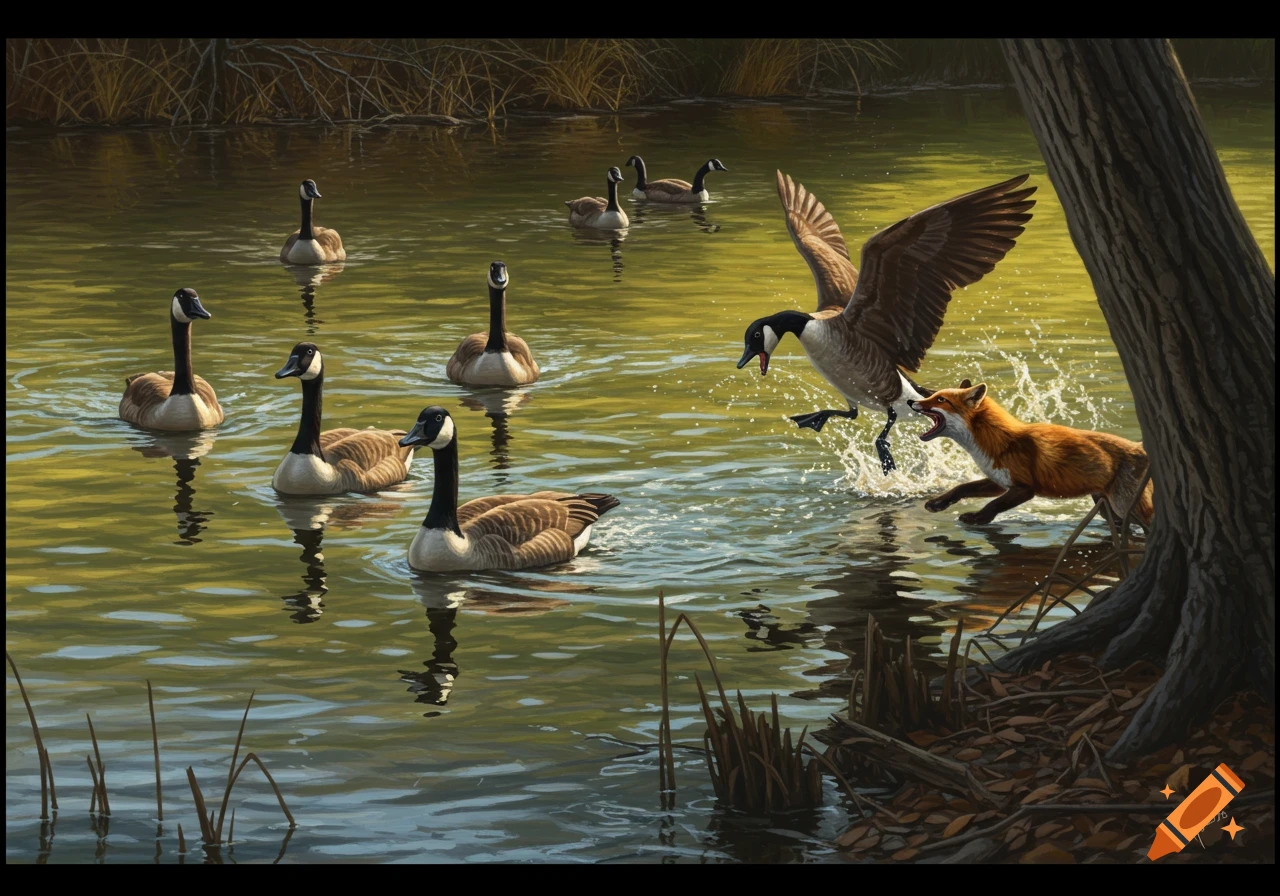 Painting of a fox attacking a goose near a pond with other geese ...