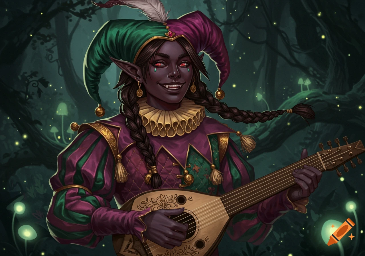 A dark elf jester plays a lute in a magical forest with glowing ...