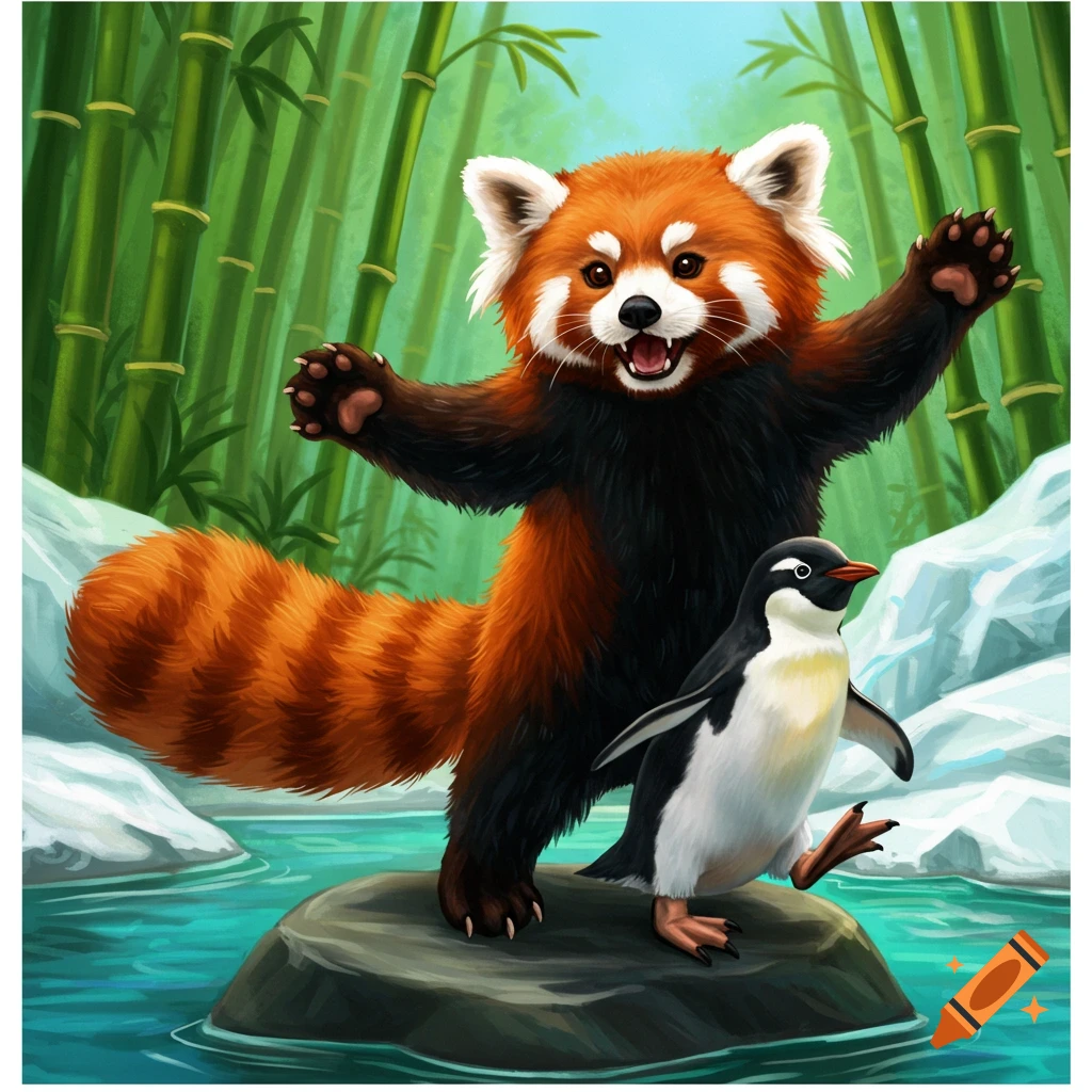 Cartoon illustration of a red panda and a penguin standing on a rock ...