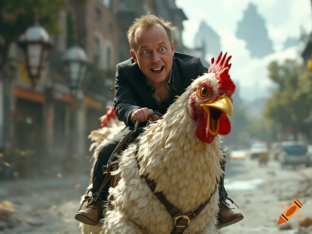 A man with a surprised expression rides a giant chicken down a street ...