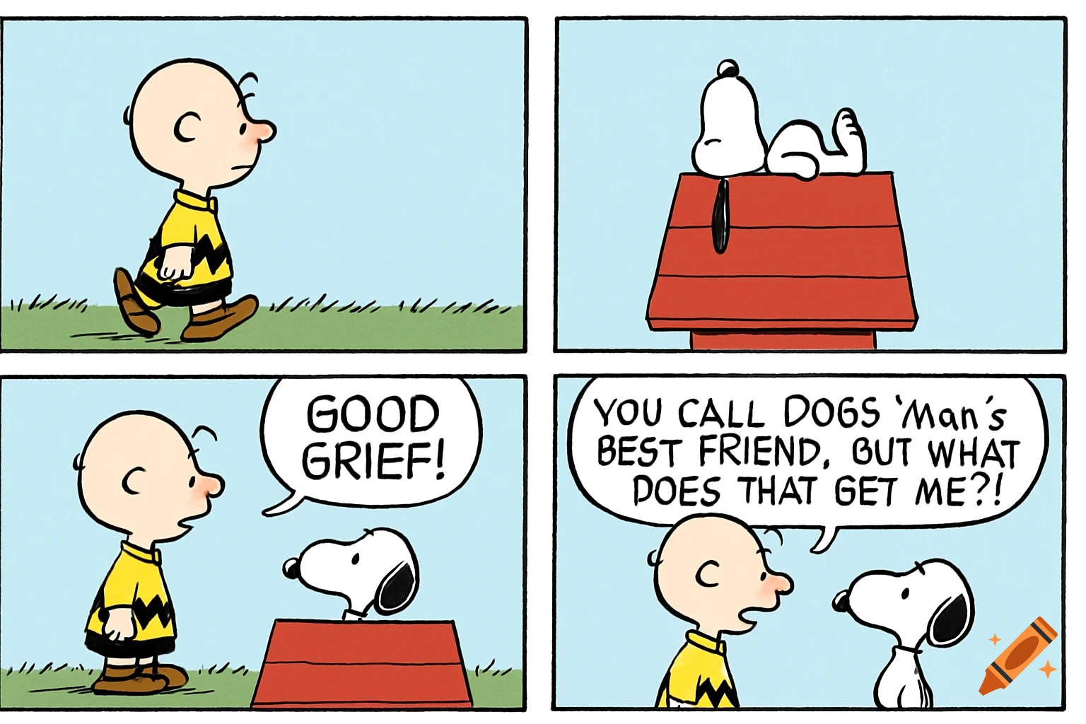 A four-panel Peanuts comic strip featuring Charlie Brown and Snoopy. on Craiyon