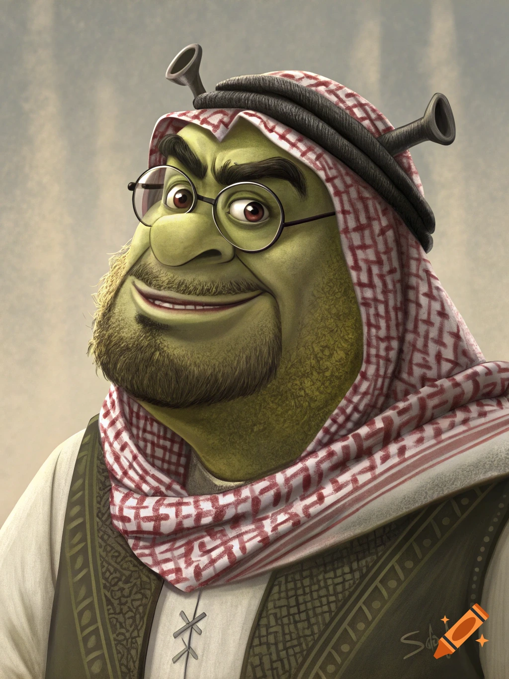 Illustration of Shrek wearing a keffiyeh, robe, glasses, and beard, smiling on Craiyon