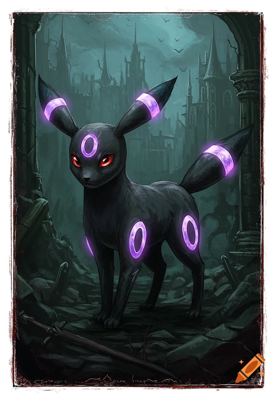 Digital painting of a black Umbreon Pokemon with glowing purple rings ...