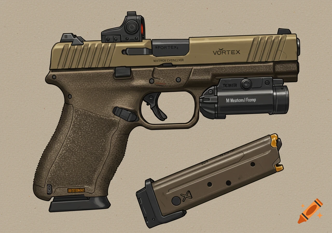 Illustration of a two-tone pistol with a red dot sight, weapon light ...