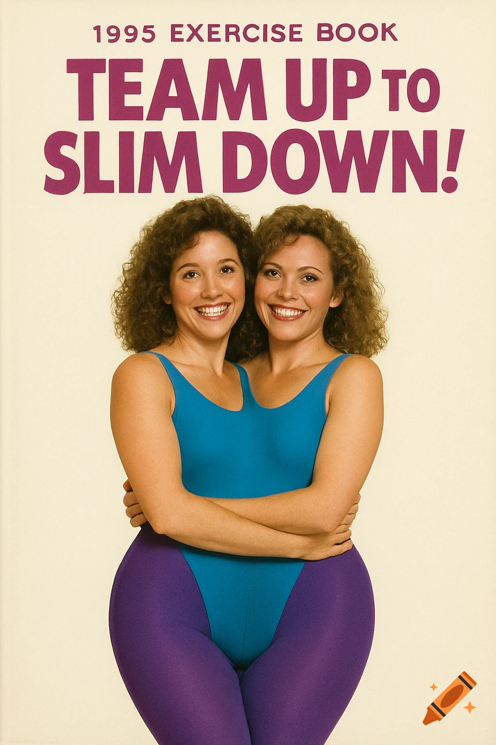 Two women merged into one body wear leotard and tights, hugging. Text: 1995 Exercise Book Team ...