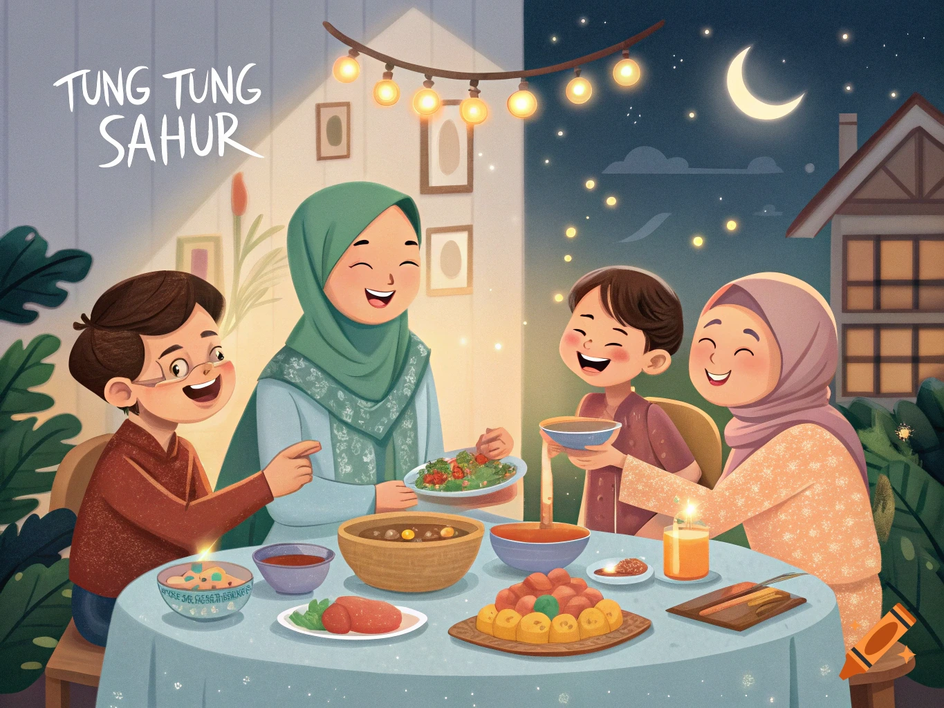 Illustration of family eating a meal at night with 'TUNG TUNG SAHUR ...