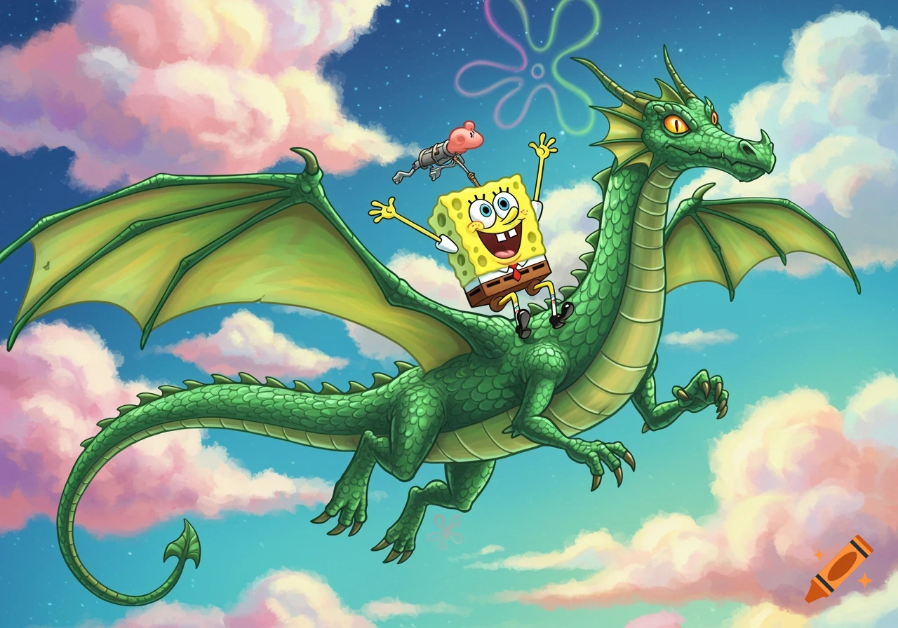 SpongeBob riding a green dragon through a cloudy sky with stars. on Craiyon