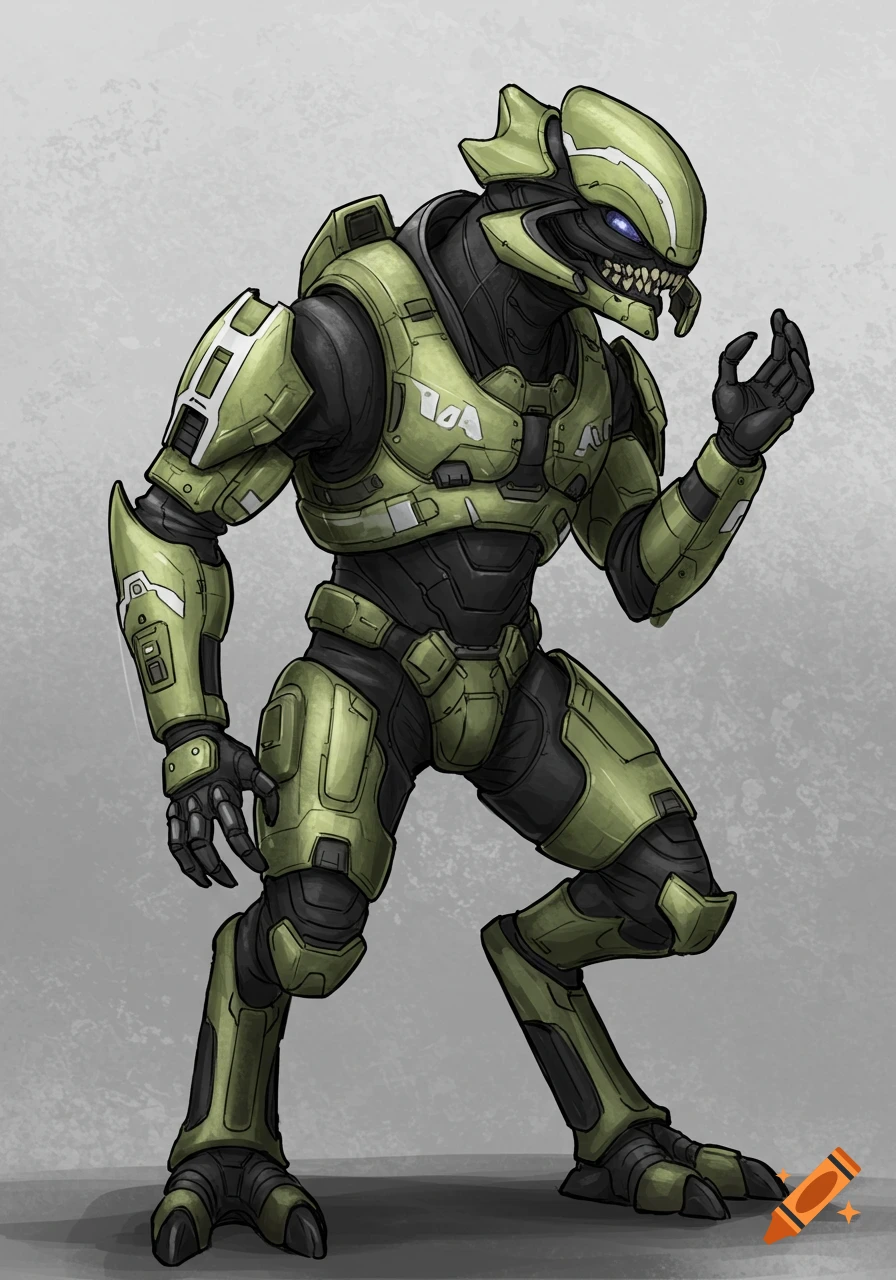 Illustration of an Elite alien from Halo 3 in green armor on Craiyon