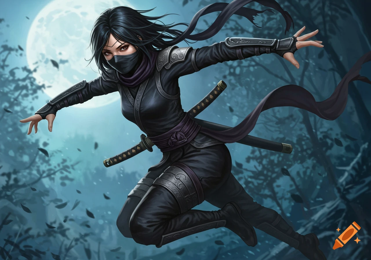 A female ninja character in a black suit leaps through the air at night under a full moon. on ...