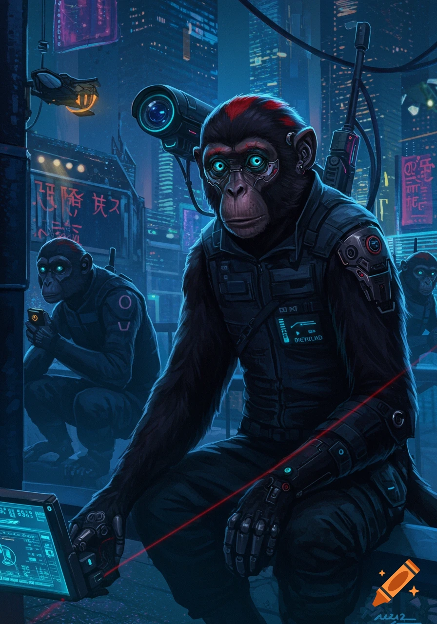 Cyberpunk apes in tactical gear in a futuristic city. on Craiyon