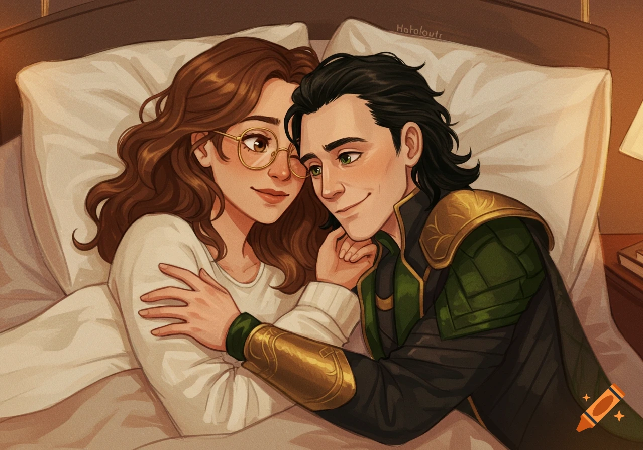 Illustration of a woman with glasses and Loki snuggling in bed. on Craiyon