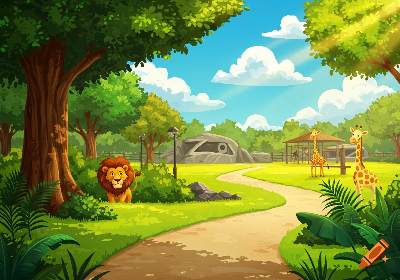 A cartoon zoo path scene with a lion, giraffes, and animal enclosures ...